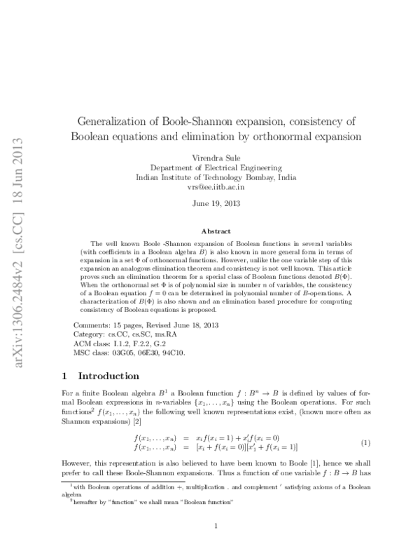 Pdf Generalization Of Boole Shannon Expansion Consistency Of Boolean Equations And
