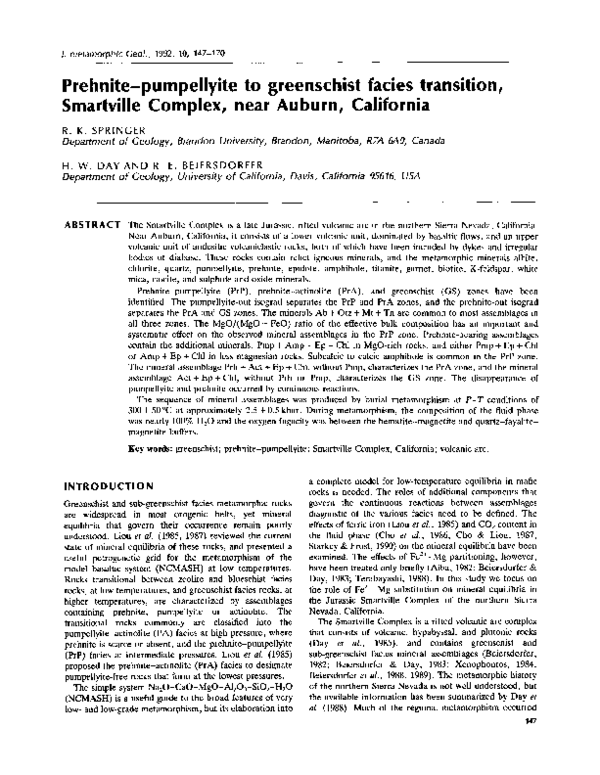 (PDF) Prehnite?pumpellyite to greenschist facies transition, Smartville ...