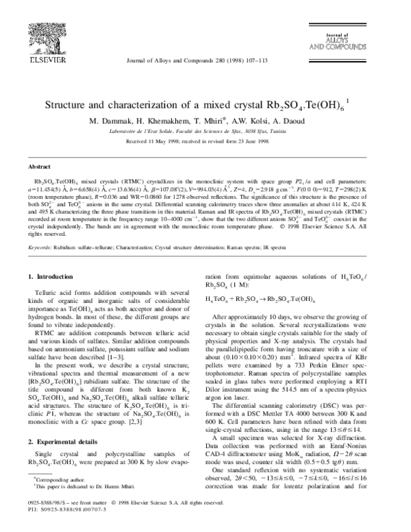 (PDF) Structure and characterization of a mixed crystal Rb2SO4.Te(OH)6