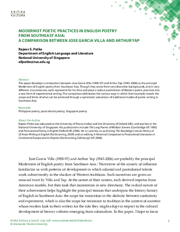 (PDF) Modernist poetic practices in English poetry from Southeast Asia ...