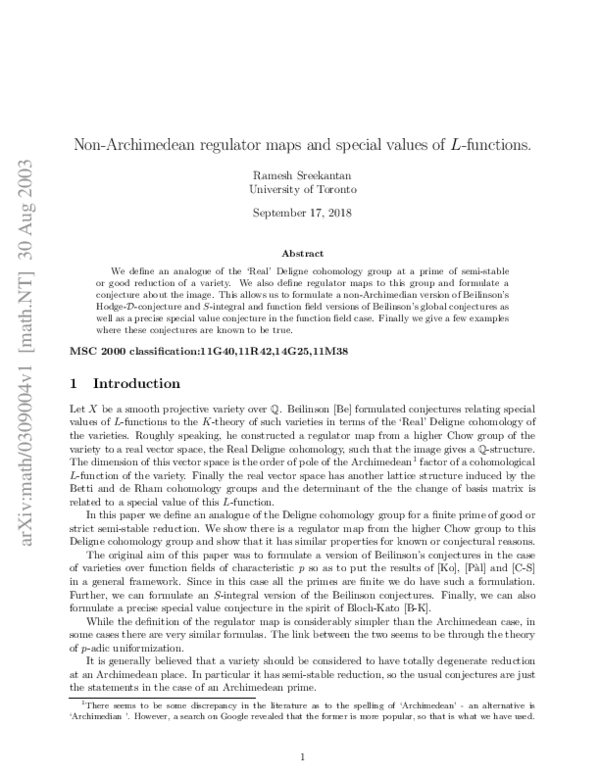 (PDF) Non-Archimedean regulator maps and special values of L-functions