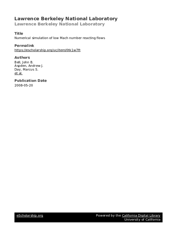 Pdf Numerical Simulation Of Low Mach Number Reacting Flows