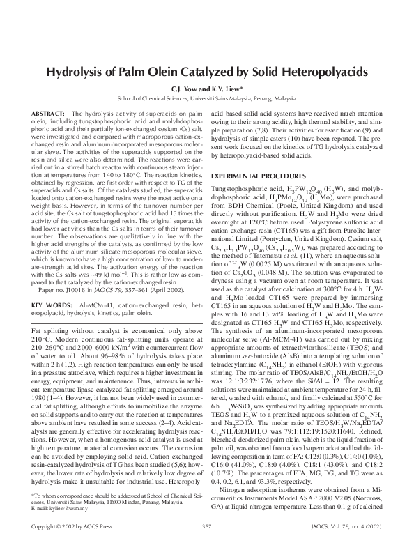 (PDF) Hydrolysis of palm olein catalyzed by solid heteropolyacids