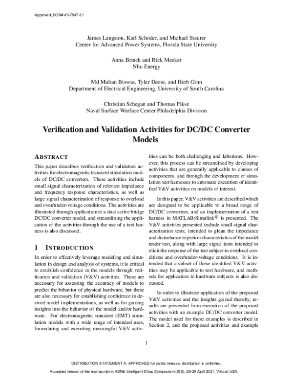 (PDF) Veriﬁcation and Validation Activities for DC/DC Converter Models