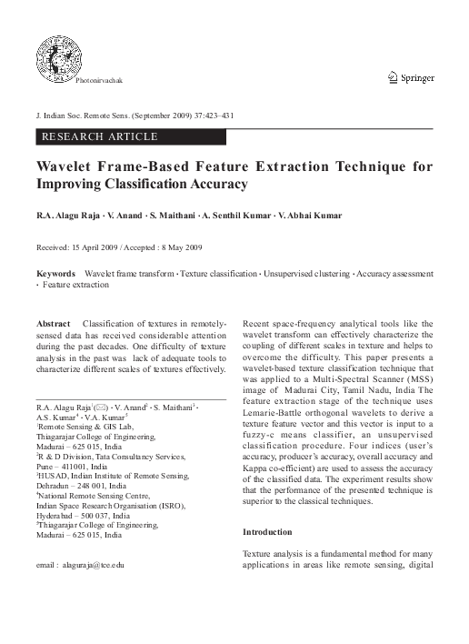 Pdf Wavelet Frame Based Feature Extraction Technique For Improving