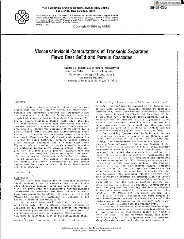(PDF) Viscous/Inviscid Computations of Transonic Separated Flows Over Solid and Porous Cascades