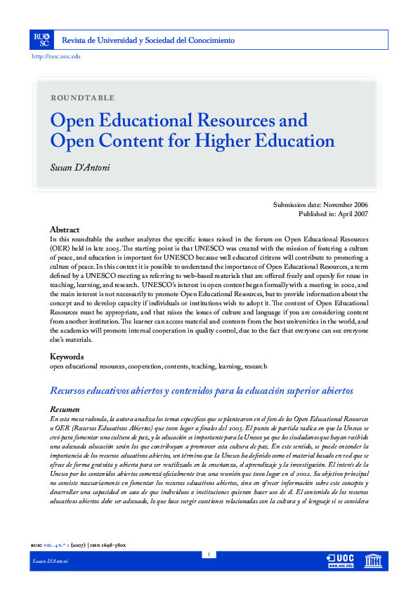 (PDF) Recursos educativos abiertos y contenidos para la educación superior abiertos