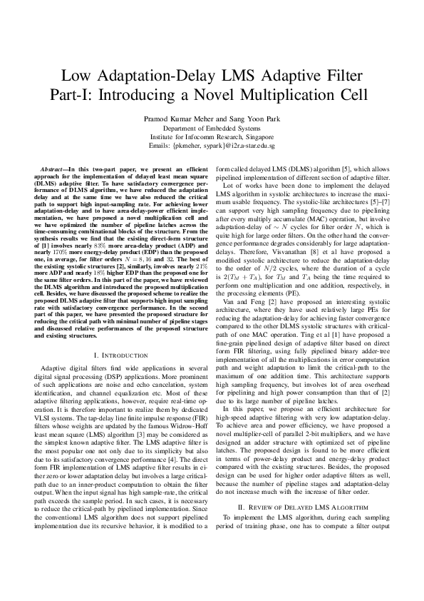 Pdf Low Adaptation Delay Lms Adaptive Filter Part Ii An Optimized Architecture Pramod Meher