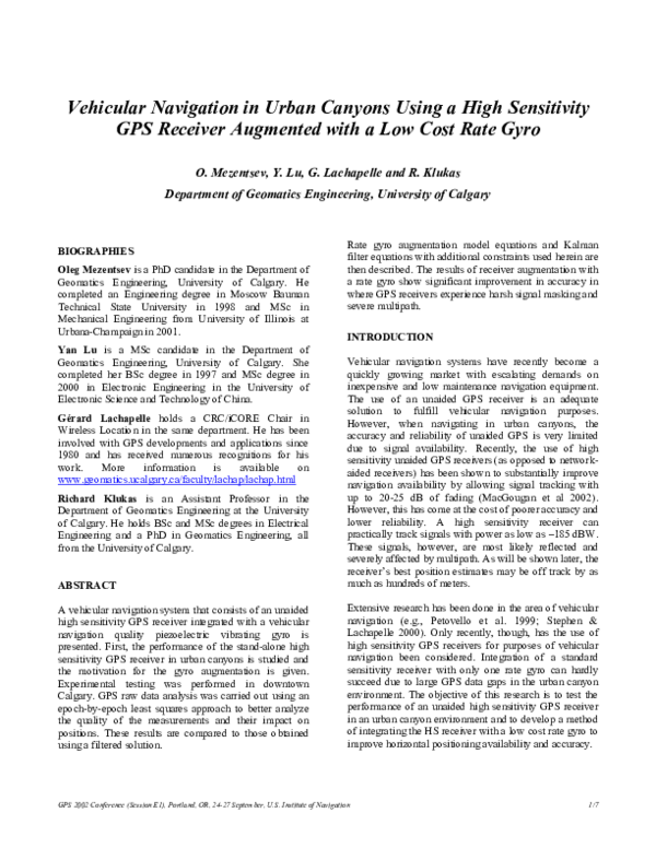 (PDF) Vehicular Navigation in Urban Canyons Using a High Sensitivity ...