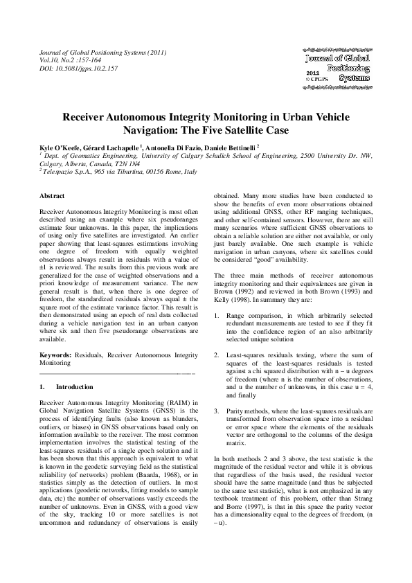 (PDF) Receiver Autonomous Integrity Monitoring in Urban Vehicle Navigation: The Five Satellite Case