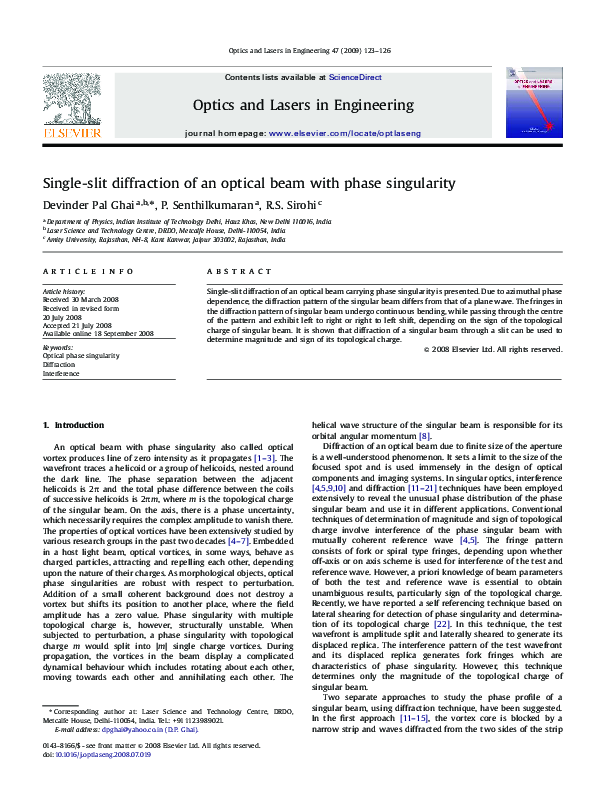 (PDF) Single-slit diffraction of an optical beam with phase singularity