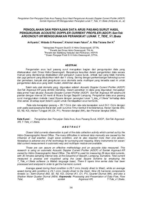 (PDF) Pengolahan Dan Penyajian Data Arus Pasang Surut Hasil Pengukuran Acoustic Doppler Current ...