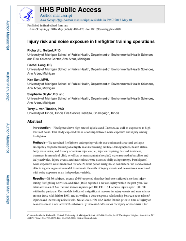 (PDF) Injury Risk and Noise Exposure in Firefighter Training Operations