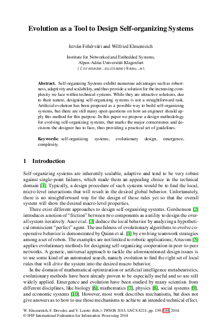 (PDF) Evolution as a Tool to Design Self-organizing Systems