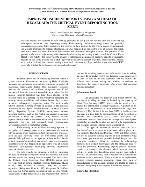 (PDF) Improving Incident Reports Using a Schematic Recall Aid: The ...