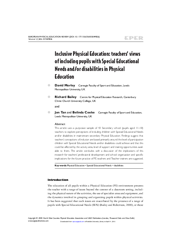 (PDF) Inclusive Physical Education: teachers' views of including pupils ...