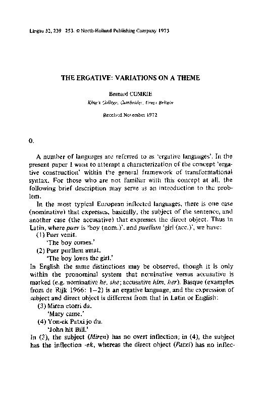 (PDF) The ergative: Variations on a theme