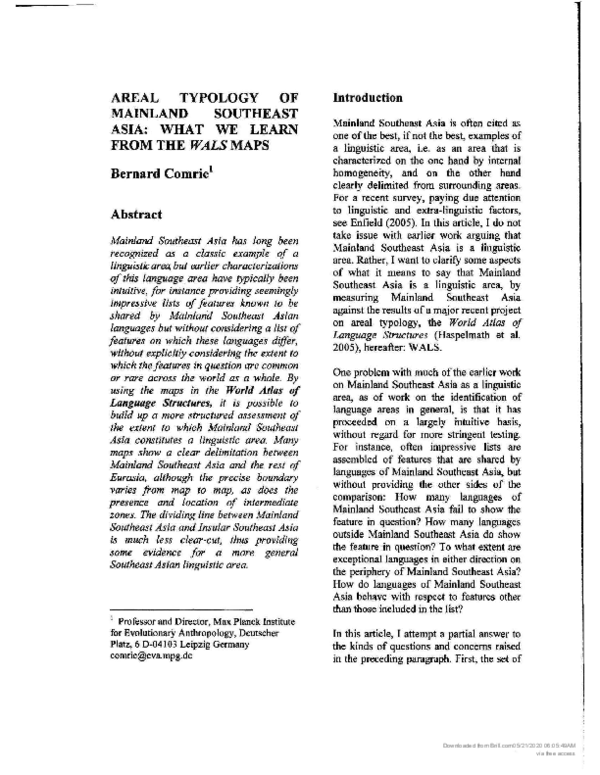 (PDF) Areal Typology of Mainland Southeast Asia: What We Learn from the Wals Maps