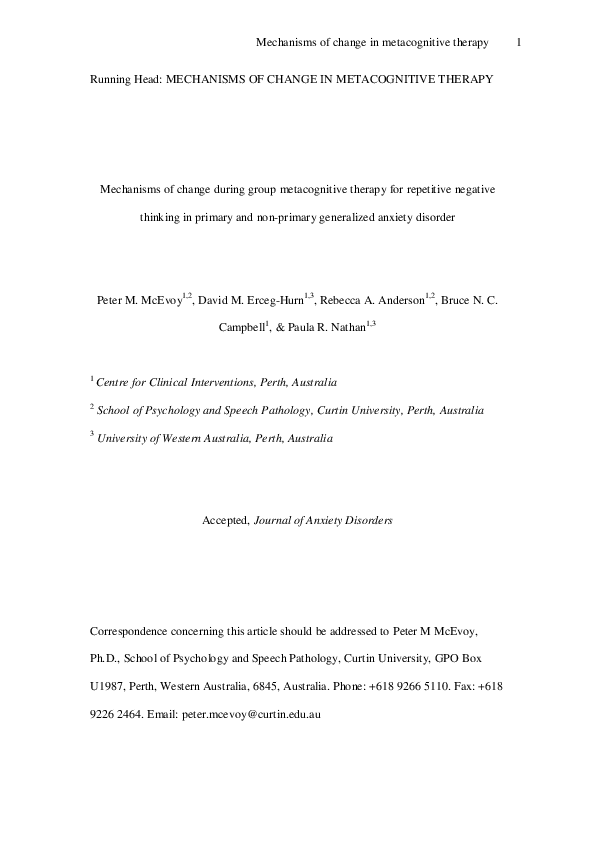 (PDF) Mechanisms of change during group metacognitive therapy for repetitive negative thinking ...