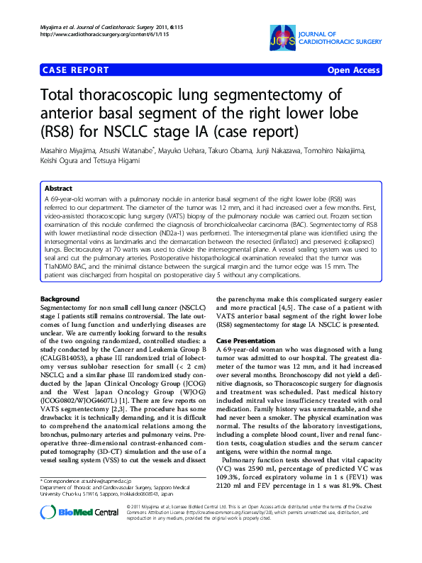(PDF) Total thoracoscopic lung segmentectomy of anterior basal segment of the right lower lobe ...