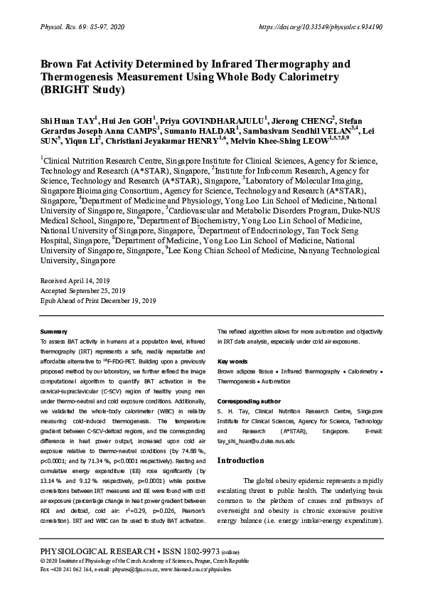 (PDF) Brown Fat Activity Determined by Infrared Thermography and Thermogenesis Measurement Using ...