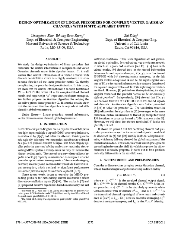 (PDF) Design optimization of linear precoders for complex vector Gaussian channelswith finite ...