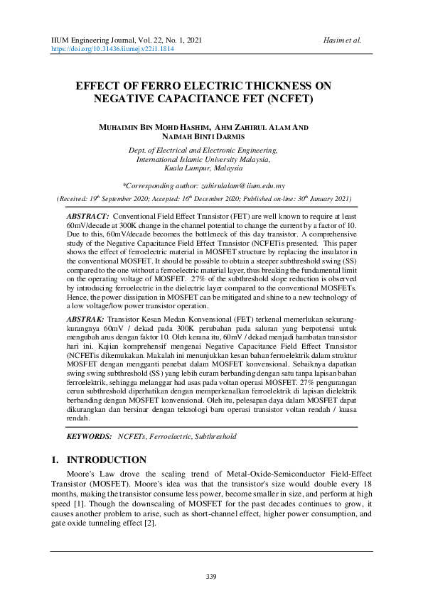 (PDF) Effect of Ferro Electric Thickness on Negative Capacitance Fet ...