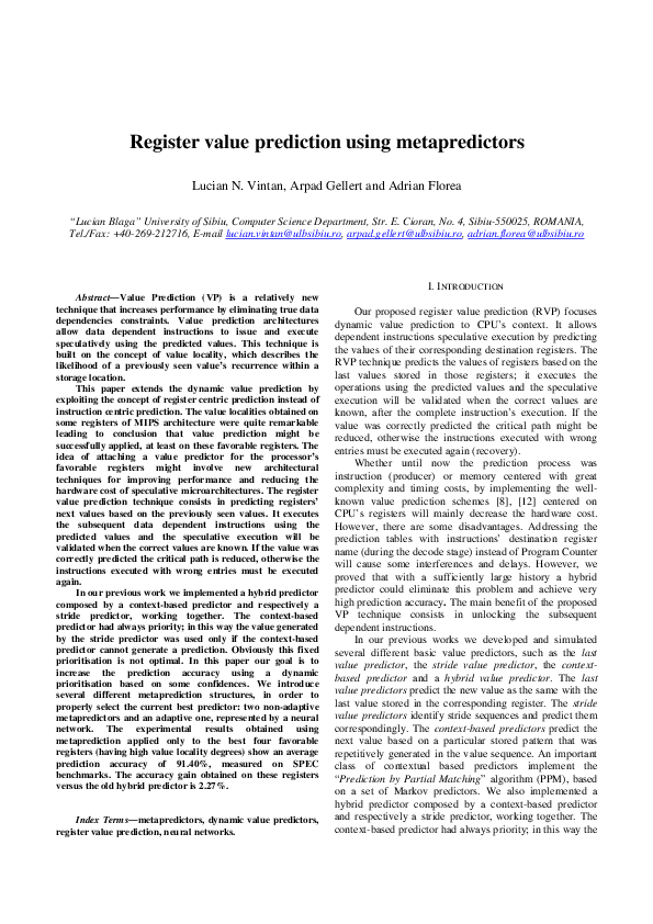 (PDF) Register value prediction using metapredictors
