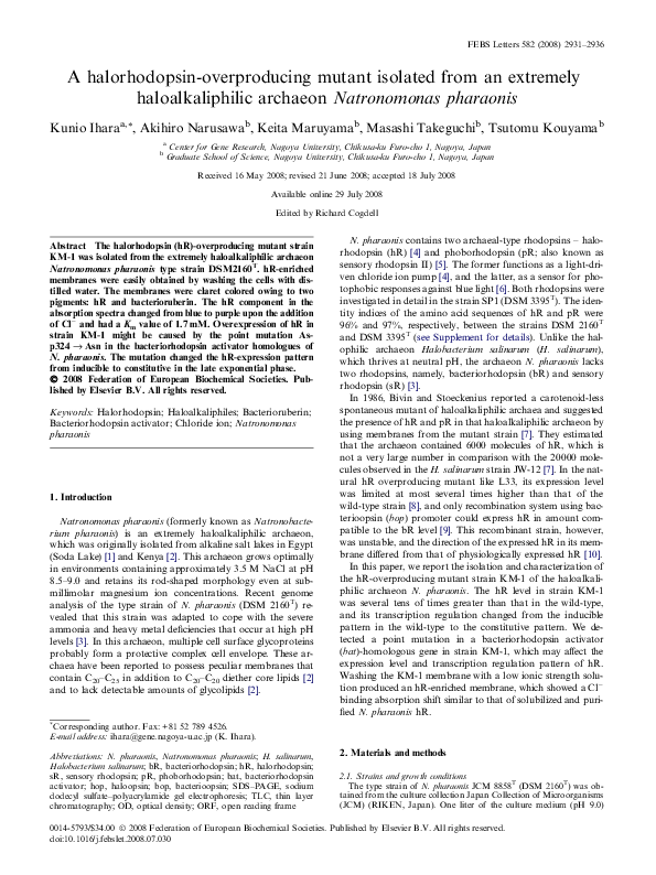 (PDF) A halorhodopsin-overproducing mutant isolated from an extremely ...