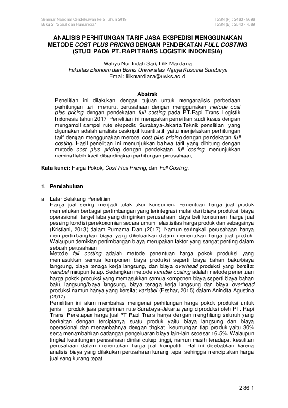 (PDF) Analisis Perhitungan Tarif Jasa Ekspedisi Menggunakan Metode Cost ...