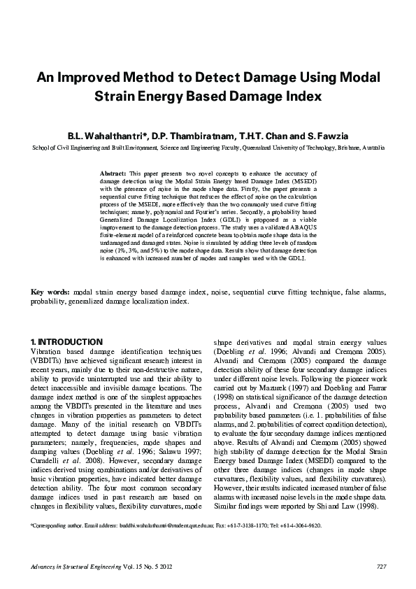 (PDF) An Improved Method to Detect Damage Using Modal Strain Energy ...