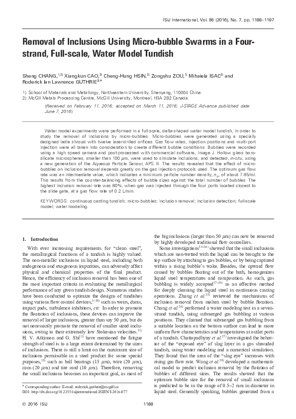 (PDF) Removal of Inclusions Using Micro-bubble Swarms in a Four-strand ...