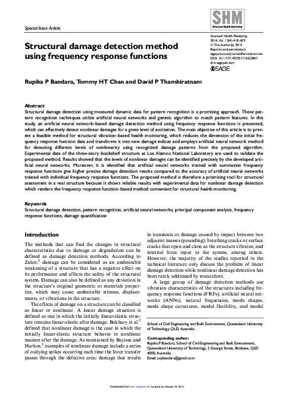 (PDF) Structural damage detection method using frequency response functions