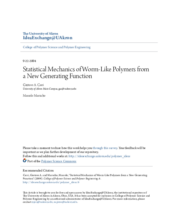 (PDF) Statistical mechanics of worm-like polymers from a new generating ...