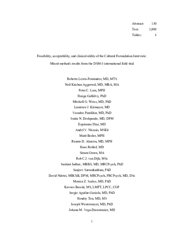 (PDF) Feasibility, acceptability and clinical utility of the Cultural Formulation Interview ...