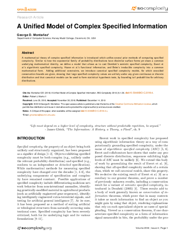(PDF) A Unified Model of Complex Specified Information | George ...
