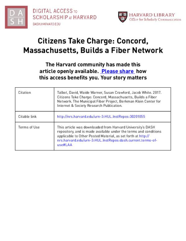 (PDF) Citizens Take Charge: Concord, Massachusetts, Builds a Fiber Network