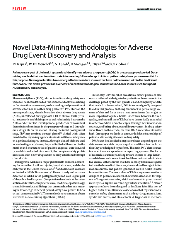 (PDF) Novel data-mining methodologies for adverse drug event discovery and analysis | Carol ...