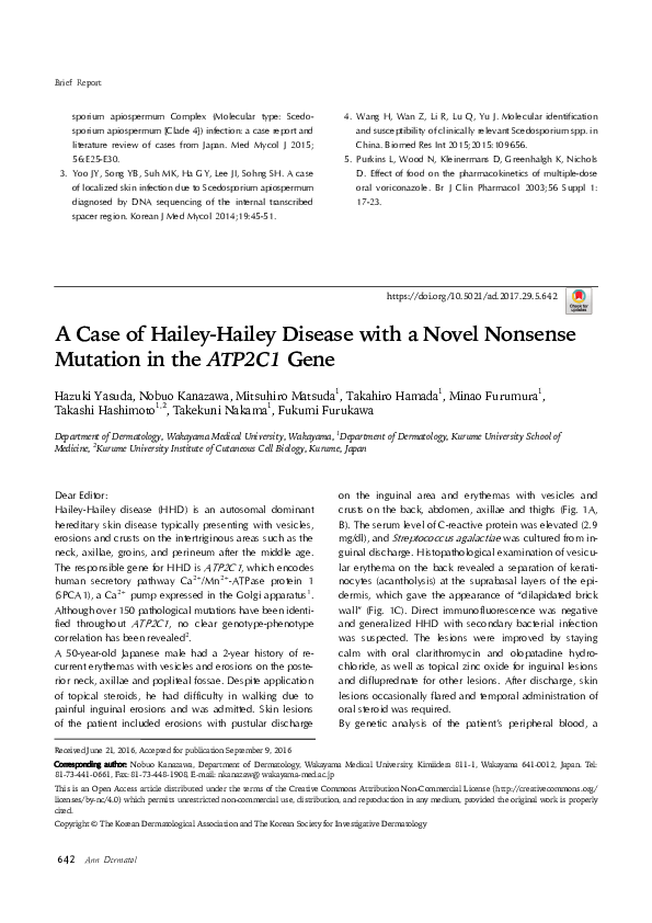 (PDF) A Case of Hailey-Hailey Disease with a Novel Nonsense Mutation in ...