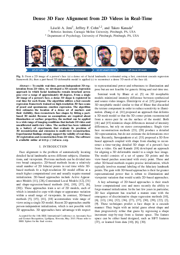(PDF) Dense 3D face alignment from 2D videos in real-time