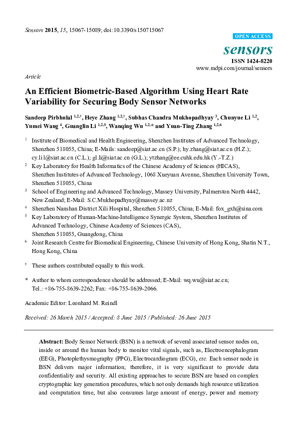 Pdf An Efficient Biometric Based Algorithm Using Heart Rate Variability For Securing Body