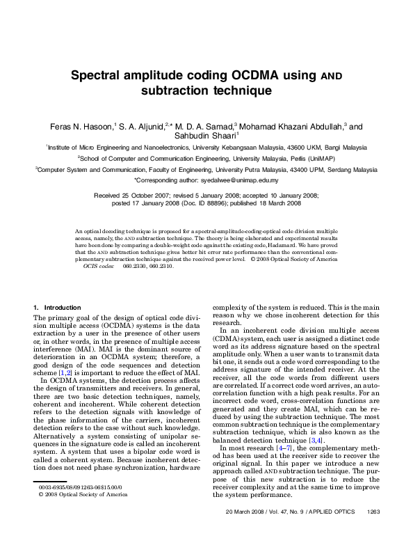 (PDF) Spectral amplitude coding OCDMA using and subtraction technique
