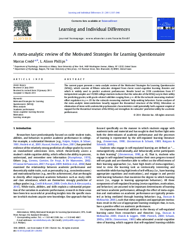 (PDF) A meta-analytic review of the Motivated Strategies for Learning ...