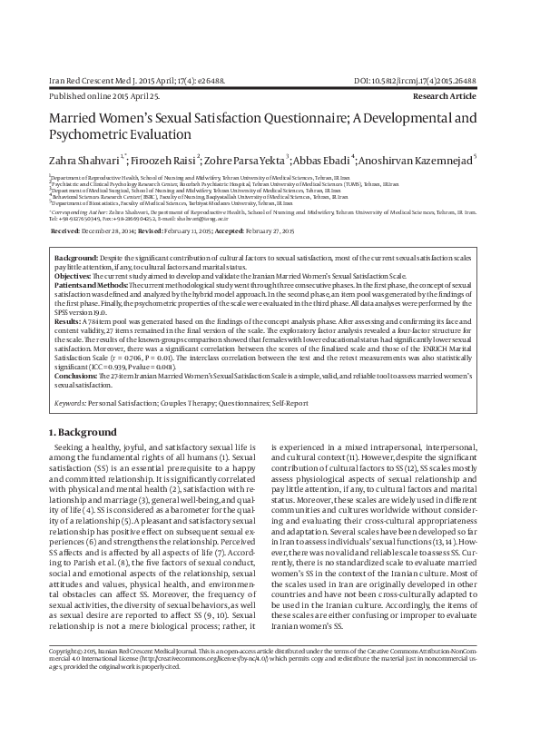 Pdf Married Womens Sexual Satisfaction Scale A Developmental And