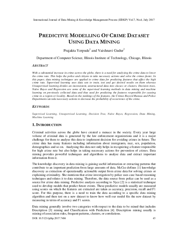 Pdf Predictive Modelling Of Crime Dataset Using Data Mining
