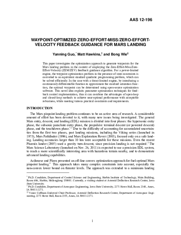 Pdf Waypoint Optimized Zero Effort Miss Zero Effort Velocity Feedback Guidance For Mars