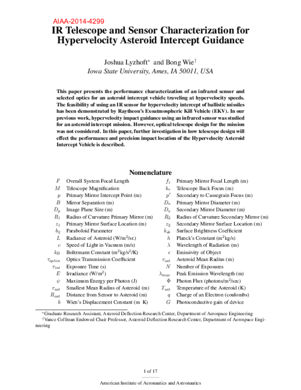 (PDF) IR Telescope and Sensor Characterization for Hypervelocity Asteroid Intercept Guidance