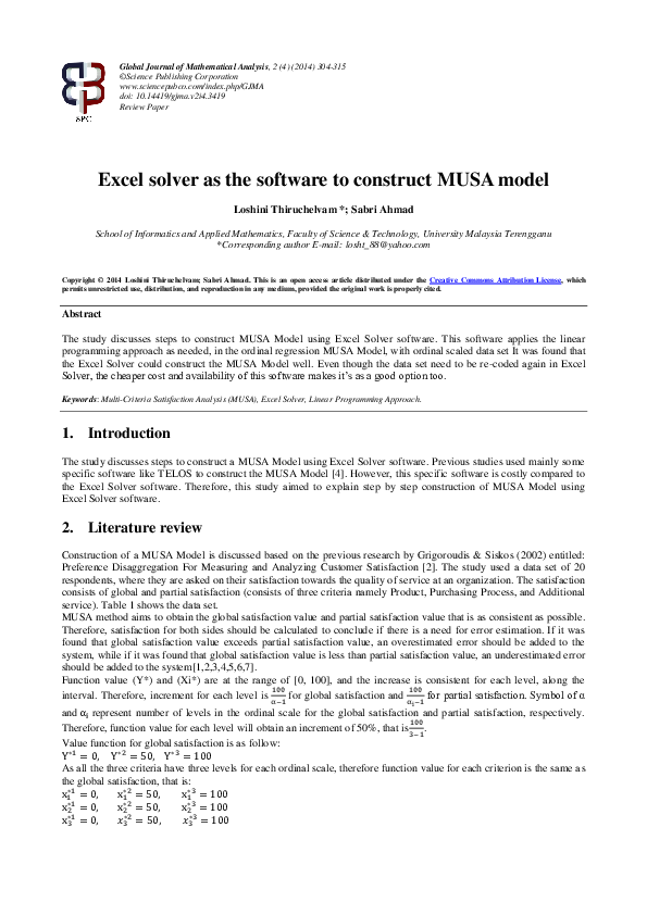 (PDF) Excel solver as the software to construct MUSA model