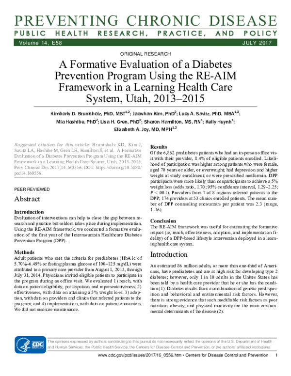 Pdf A Formative Evaluation Of A Diabetes Prevention Program Using The Re Aim Framework In A