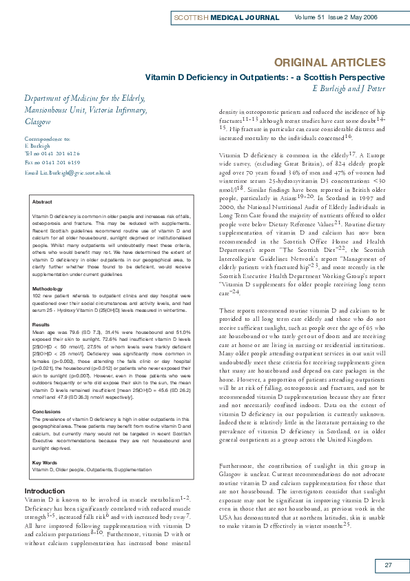 (PDF) Vitamin D Deficiency in Outpatients: - a Scottish Perspective